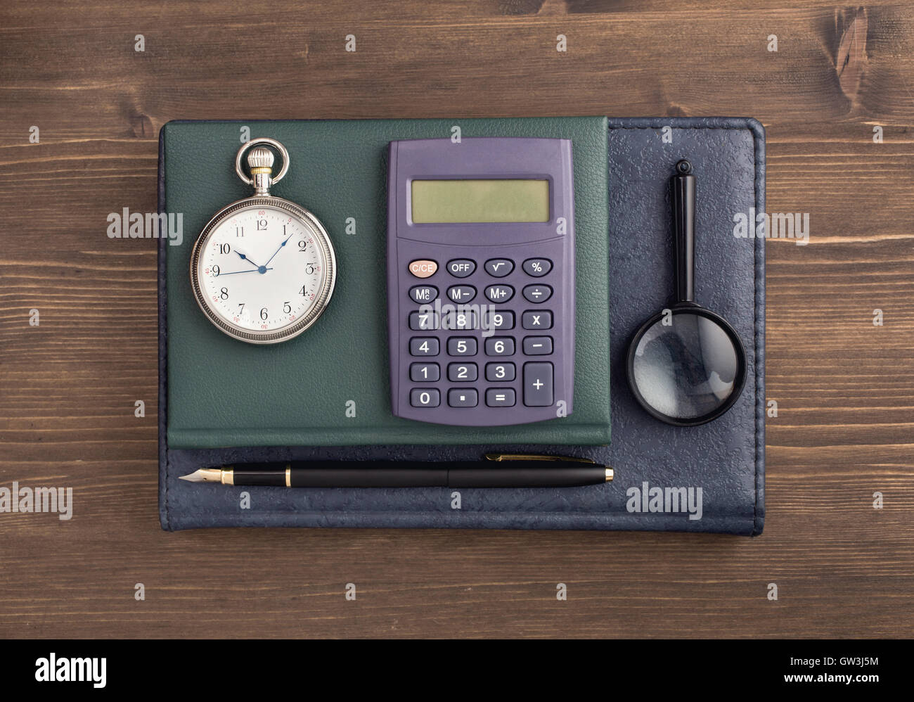 Office accessories on the table top view Stock Photo - Alamy