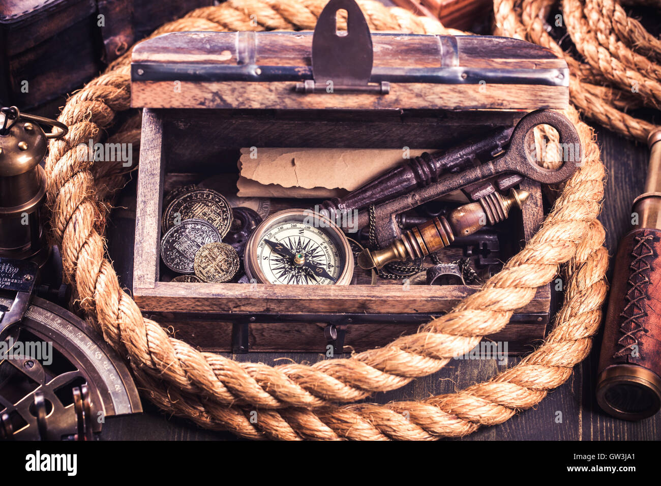 Old wooden box and nautical instruments Stock Photo - Alamy