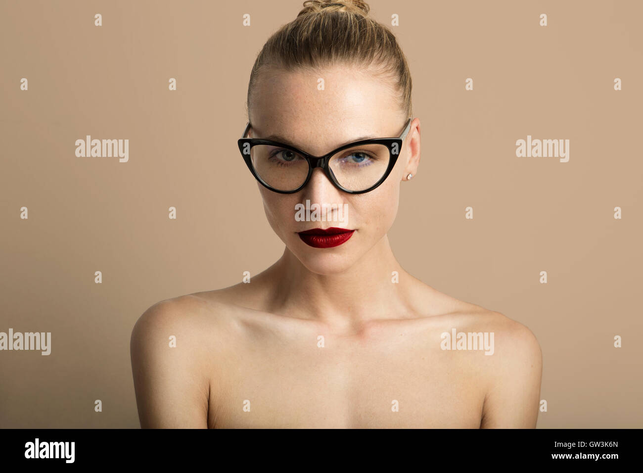 Portrait Handsome Pretty Young Lady Red Lips Wearing Black Classic