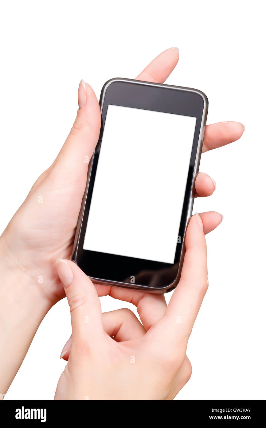 Woman hand holding the phone tablet touch gadget with blank display. On ...