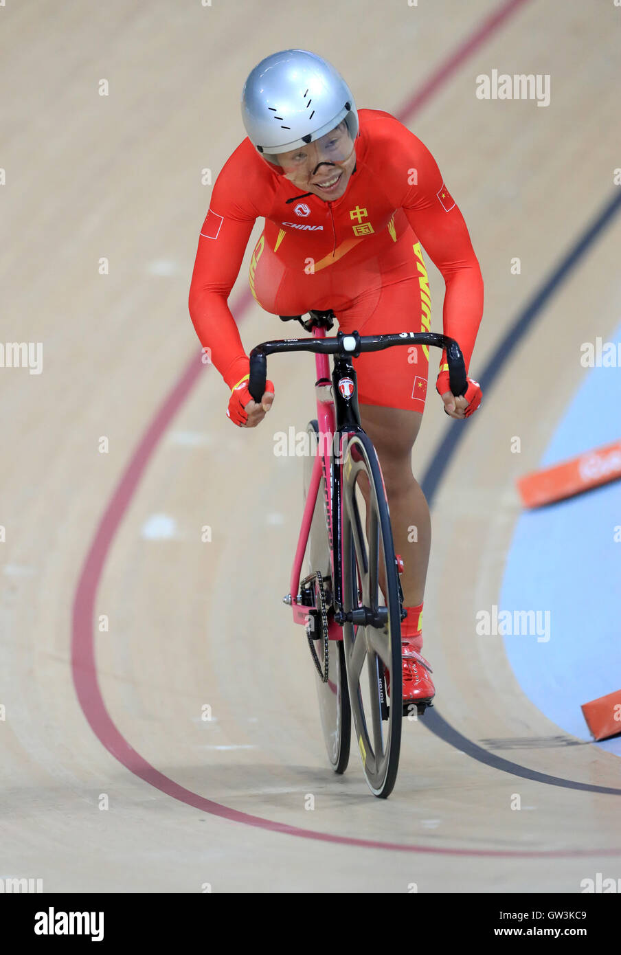 China's Zeng Sini competes in the track cycling Women's C1-2-3 500M ...