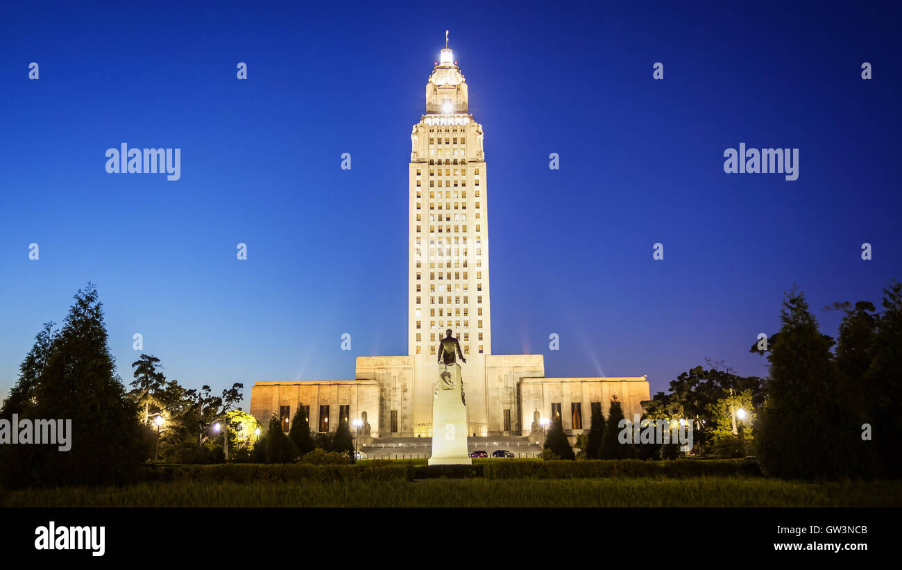 Louisiana State Capitol Building against clear sky at night in Baton ...