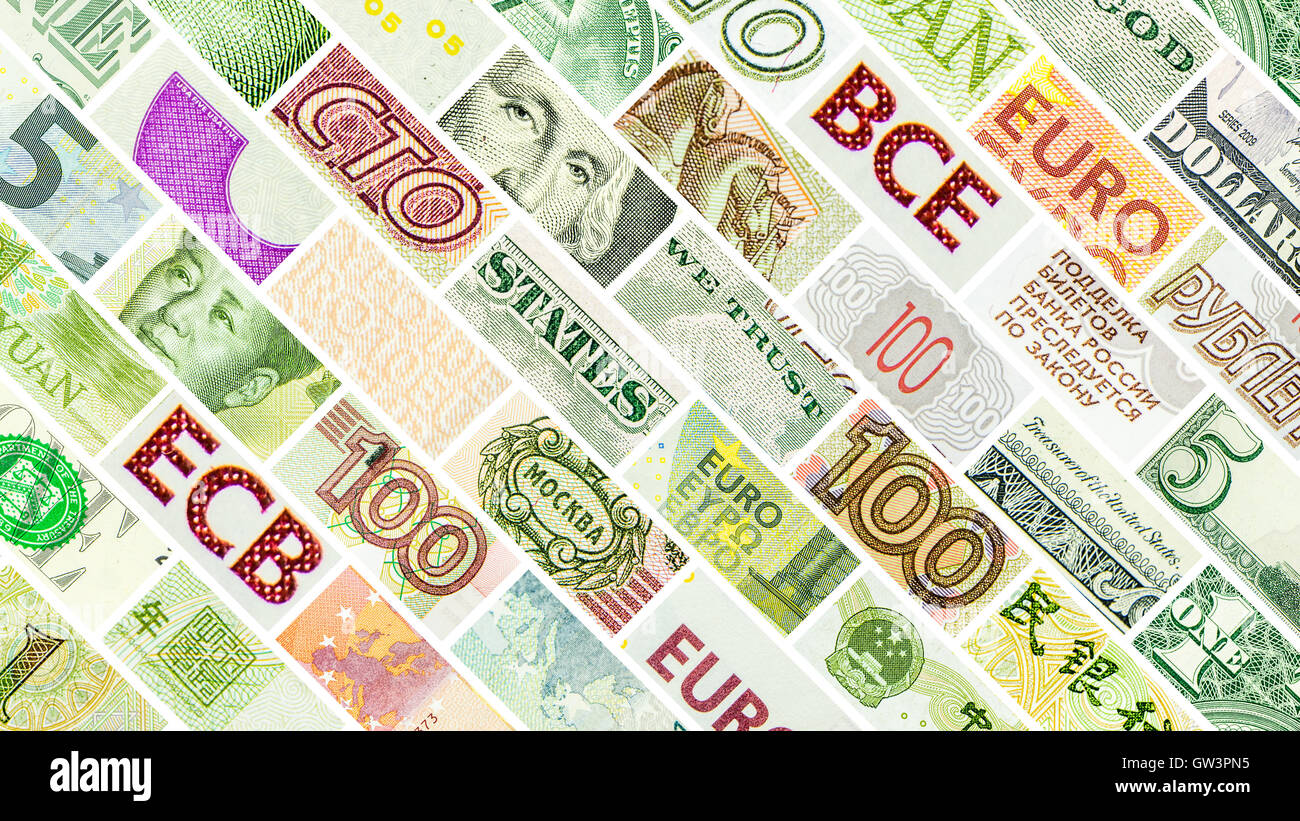 closeup of four main world currencies forming brick wall with diagonal ...