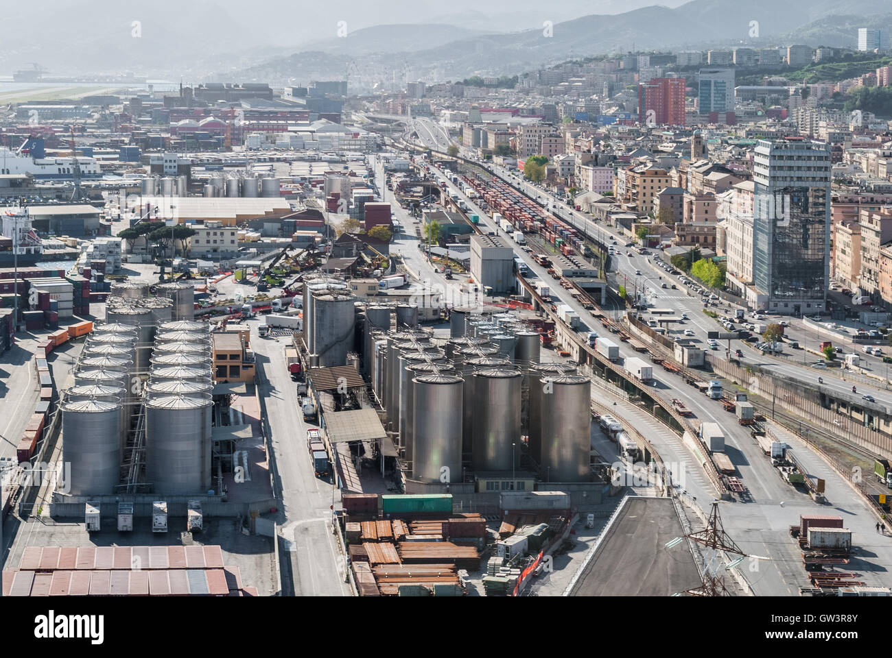 Aerial view of the industrialized area of the Genoa harbor Stock Photo ...