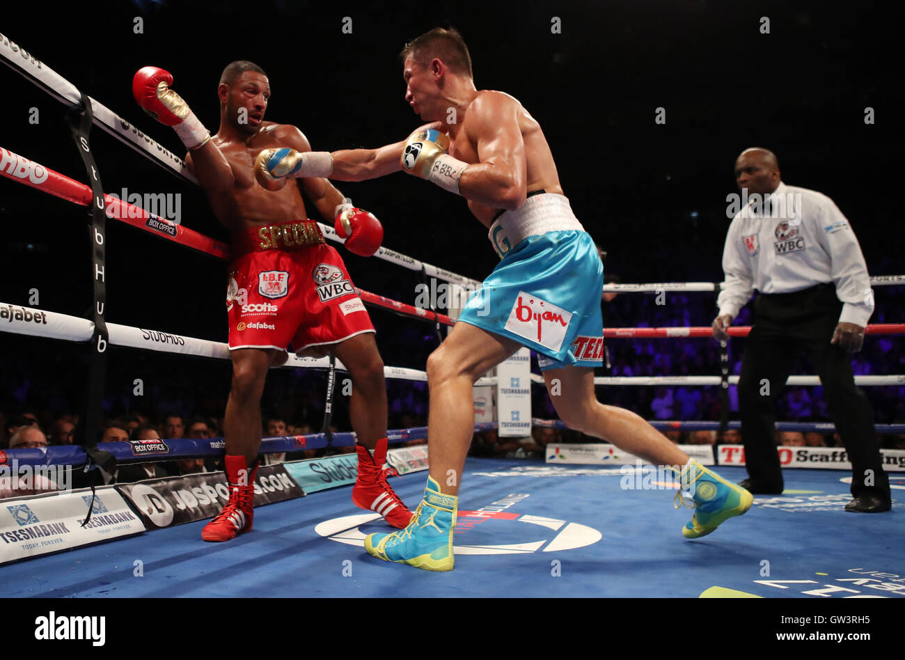 Gennady Golovkin (centre) and Kell Brook during the WBC, IBF and IBO ...
