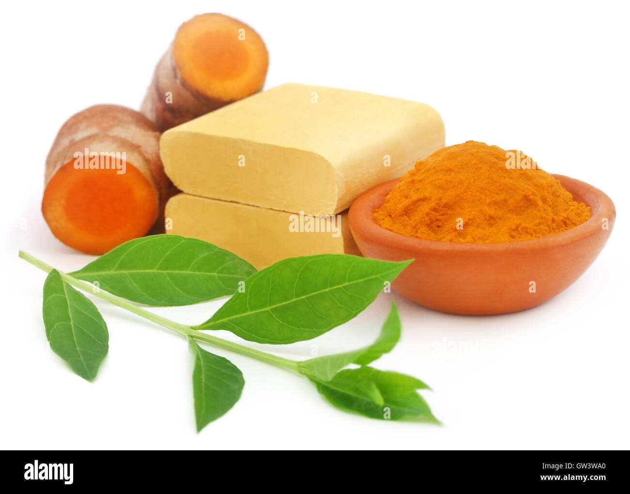 Turmeric with other herbal products for beautification over white ...