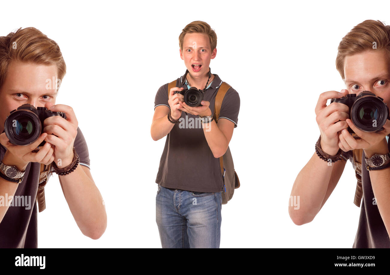 Closeup portrait of a young man taking a picture from corner over white ...