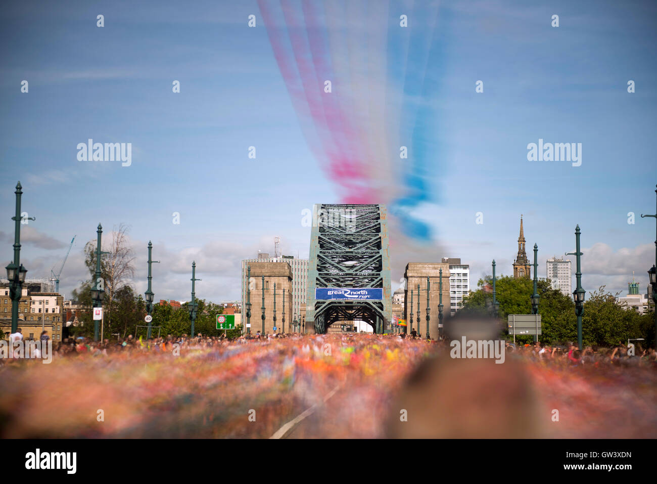 *EDITORS NOTE, LONG EXPOSURE PICTURE* The Red Arrows fly over the Tyne ...