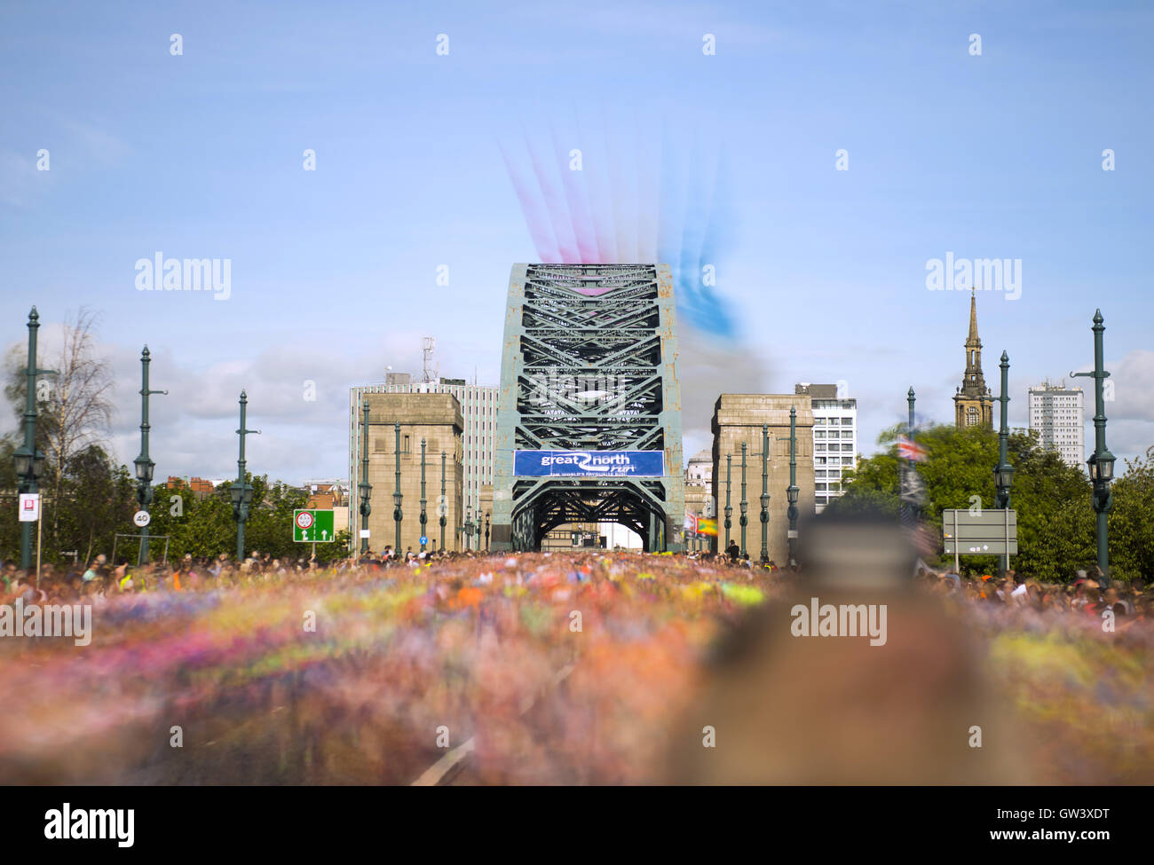 *EDITORS NOTE, LONG EXPOSURE PICTURE* The Red Arrows fly over the Tyne ...