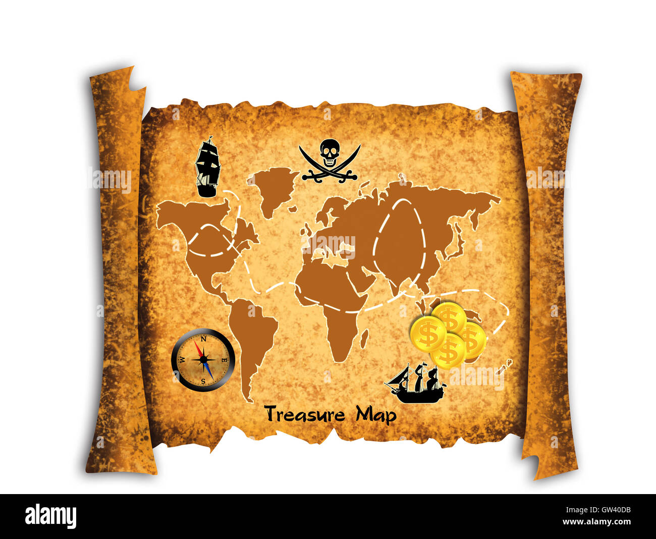 Treasure map roll old compass hi-res stock photography and images - Alamy