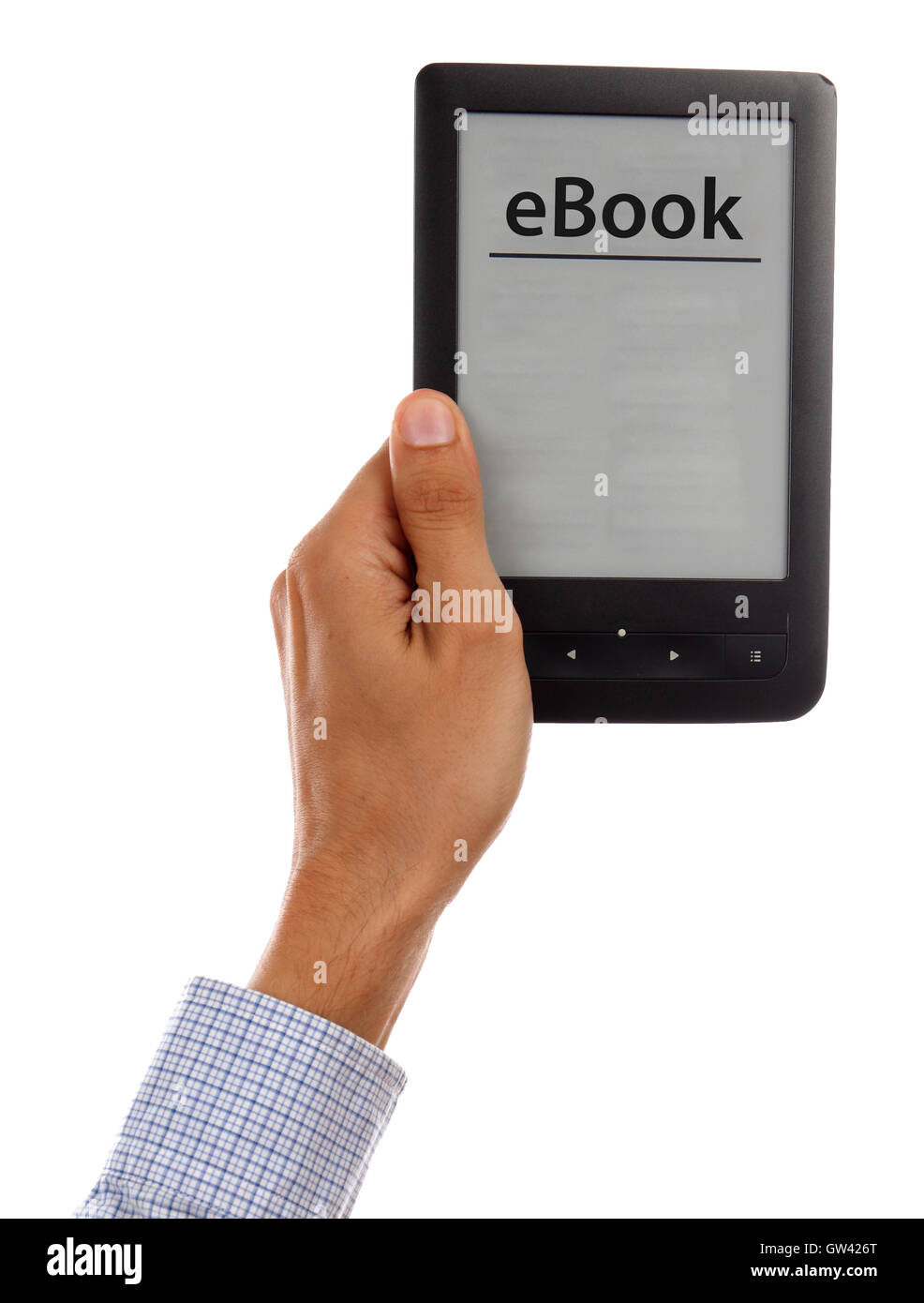 Man s Hand holding e-book reader isolated on white background in studio ...
