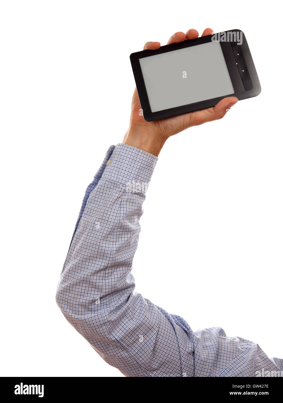 Man s Hand holding e-book reader isolated on white background in studio ...