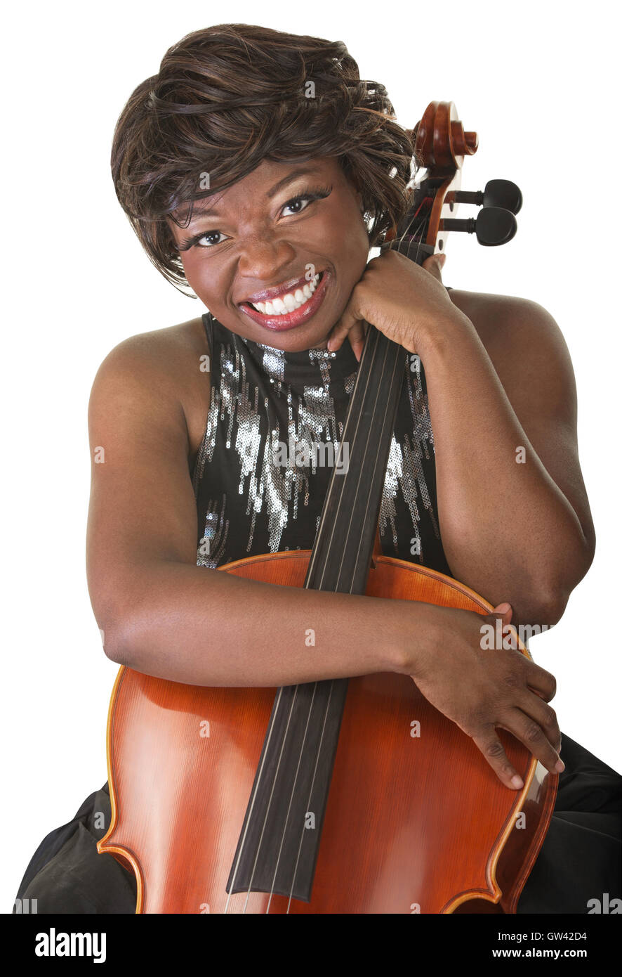 Happy Lady Holds a Cello Stock Photo - Alamy