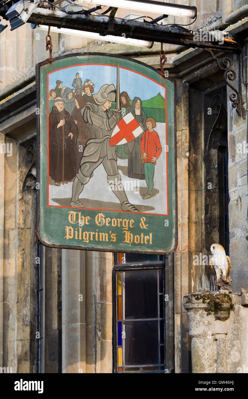 The George and pilgrims Hotel sign Glastonbury Stock Photo - Alamy