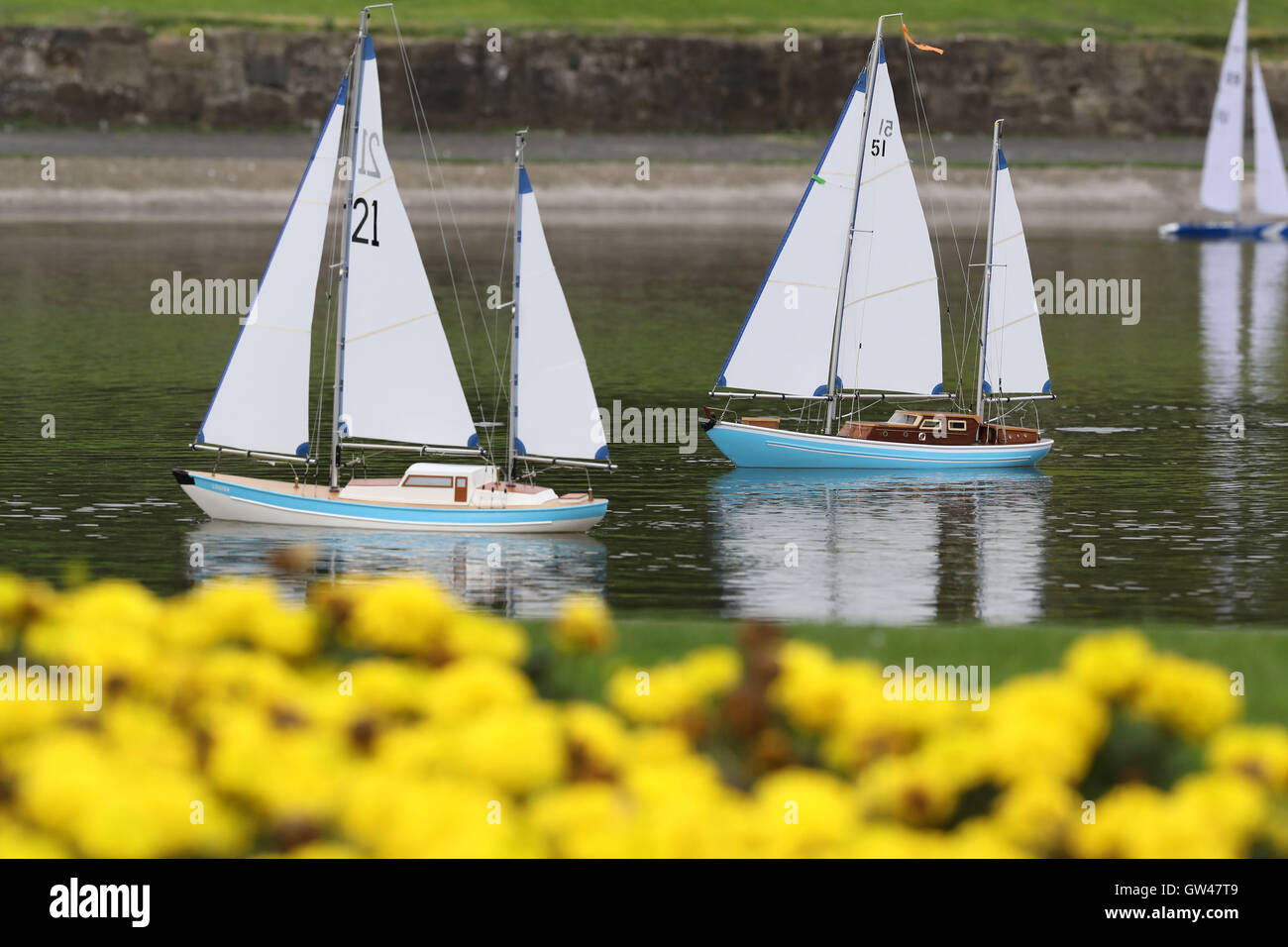 Model boats sail in the boating lake at Tynemouth Model Boat Club in ...