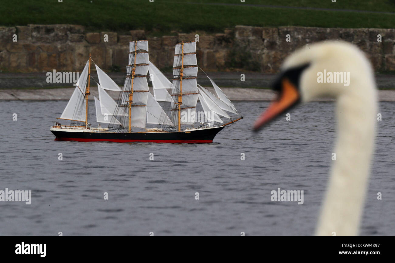 A model boat sails in the boating lake at Tynemouth Model Boat Club in ...