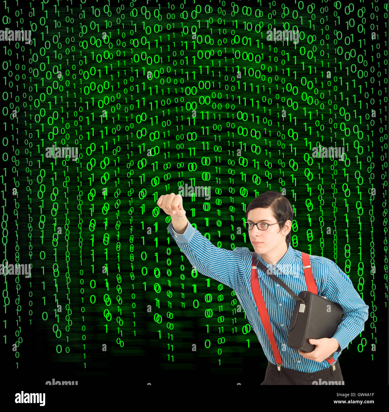 Nerd geek businessman student teacher with binary on background Stock ...