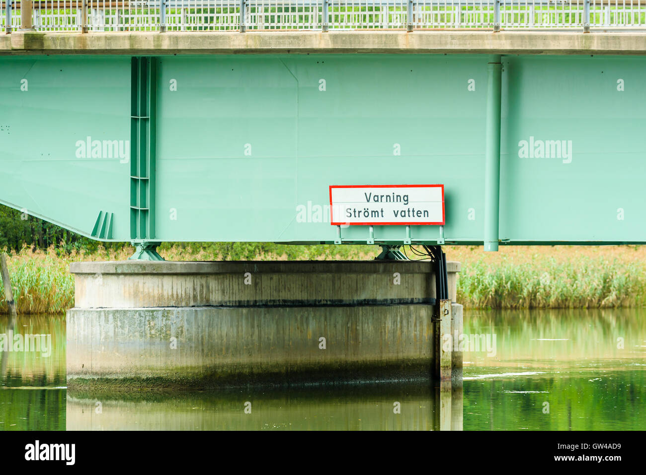 Sign in Swedish on bridge warning about water current Stock Photo - Alamy