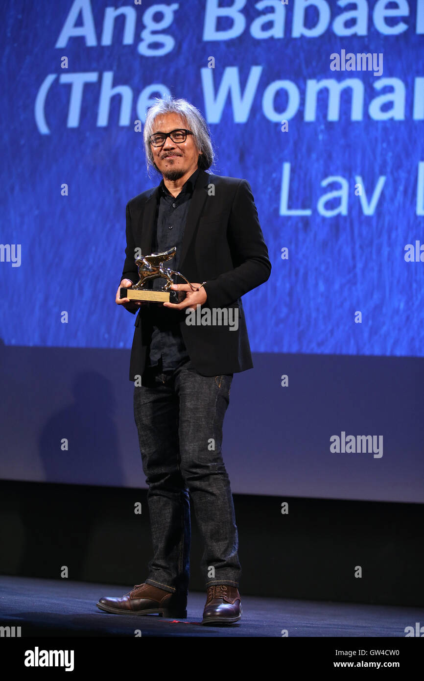 Venice, Italy. 10th Sep, 2016. Director Lav Diaz holds the Golden Lion ...