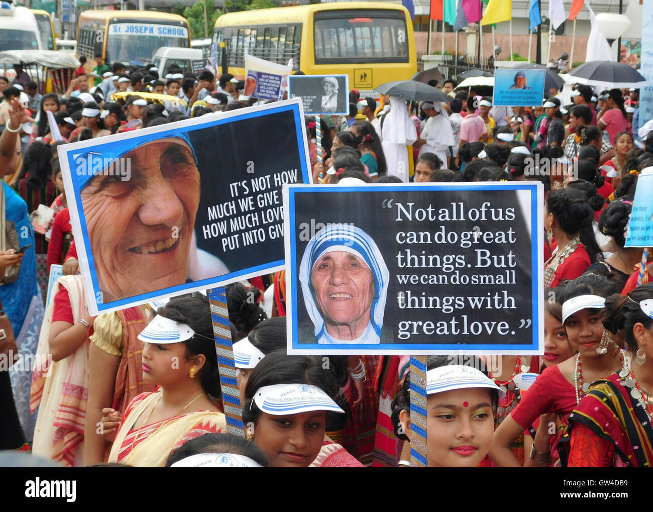 Agartala, Indian northeastern state of Tripura. 10th Sep, 2016. People hold signboards of Mother ...