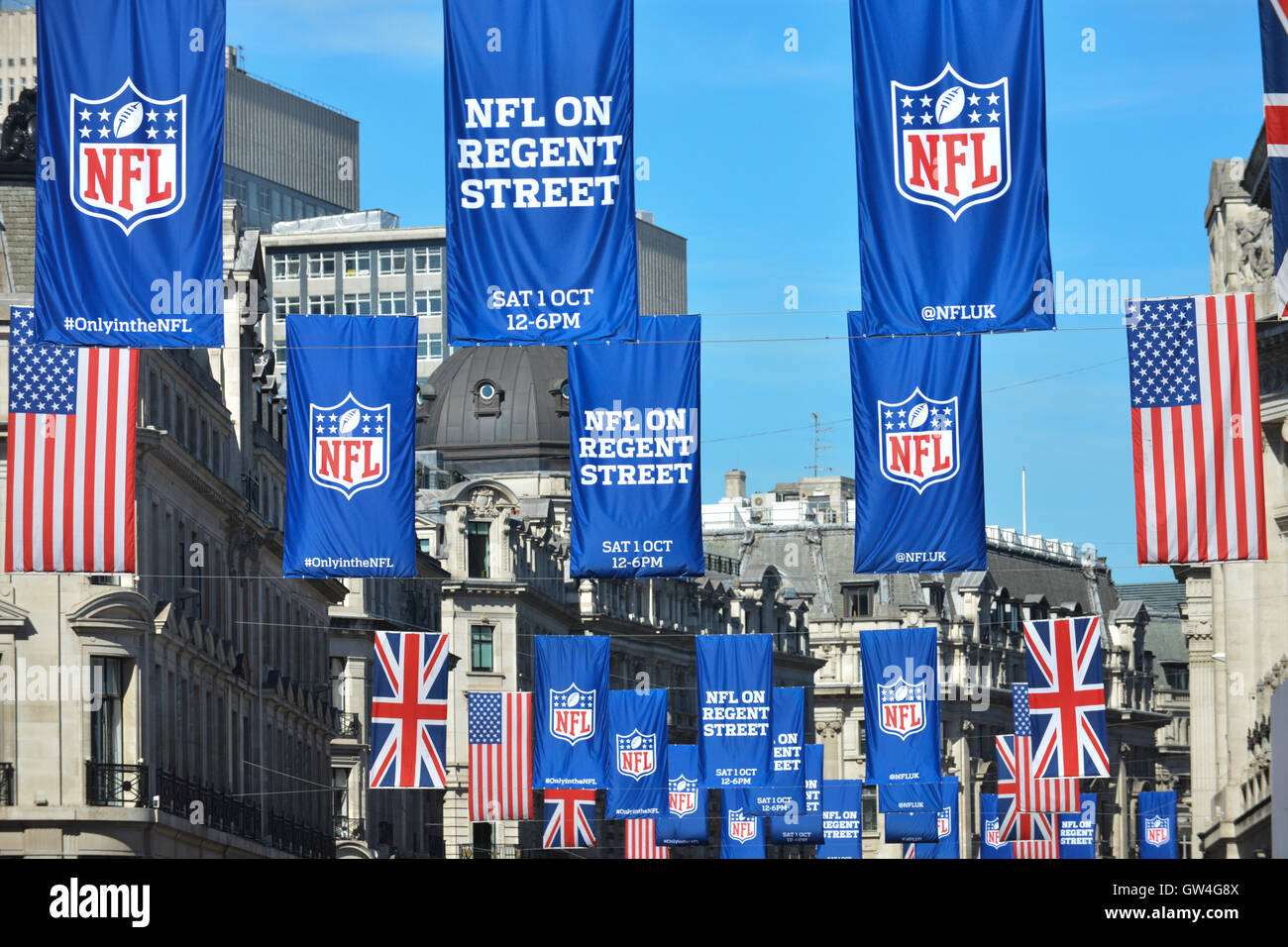Regent Street, London, UK. 11th September 2016. NFL flags are placed on ...