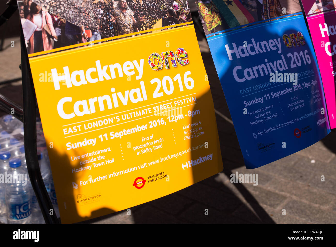 Hackney, London, UK. 11th September 2016. Fliers advertising the Hackney Carnival 2016 in Ridley ...