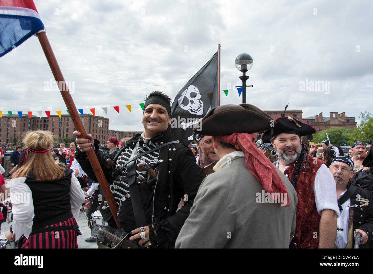 Jolly Roger flying over Liverpool Liverpool Pirate festival Stock Photo ...