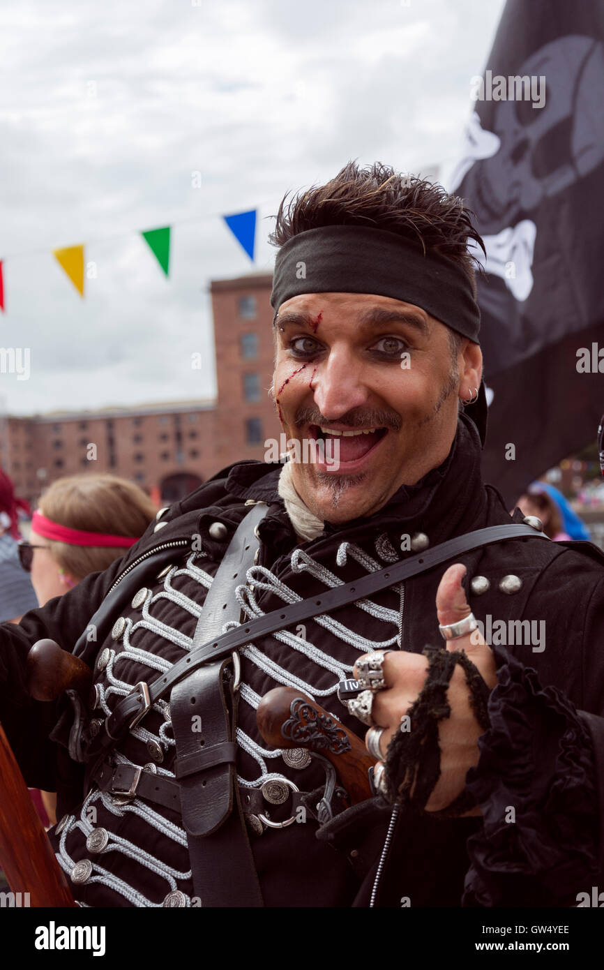 Jolly Roger flying over Liverpool Liverpool Pirate festival Stock Photo ...
