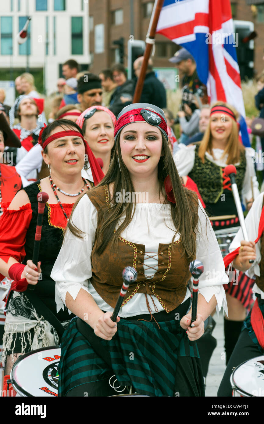 Jolly Roger flying over Liverpool Liverpool Pirate festival Stock Photo ...