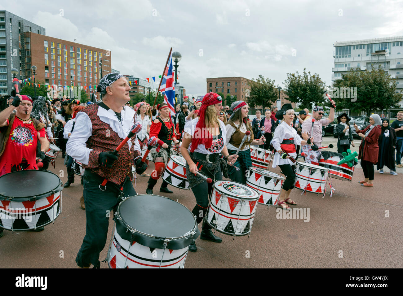 Jolly Roger flying over Liverpool Liverpool Pirate festival Stock Photo ...