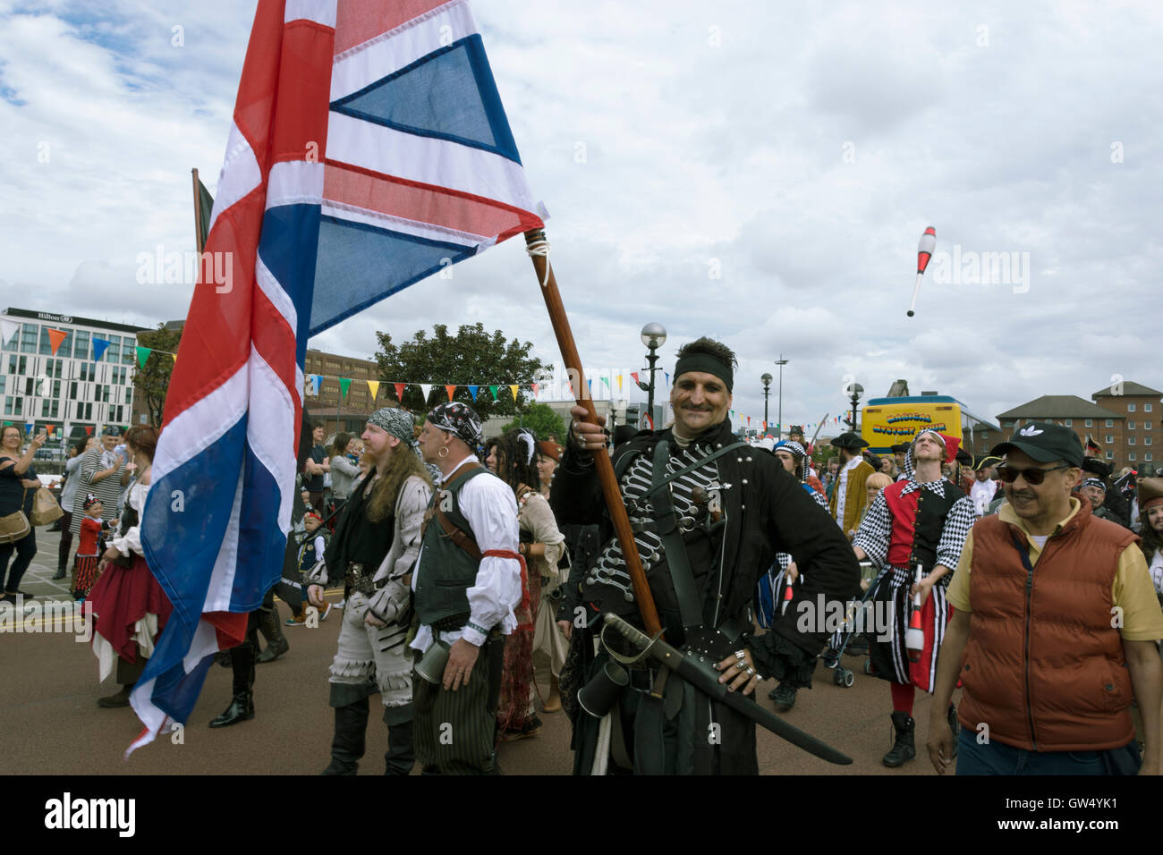 Jolly Roger flying over Liverpool Liverpool Pirate festival Stock Photo ...