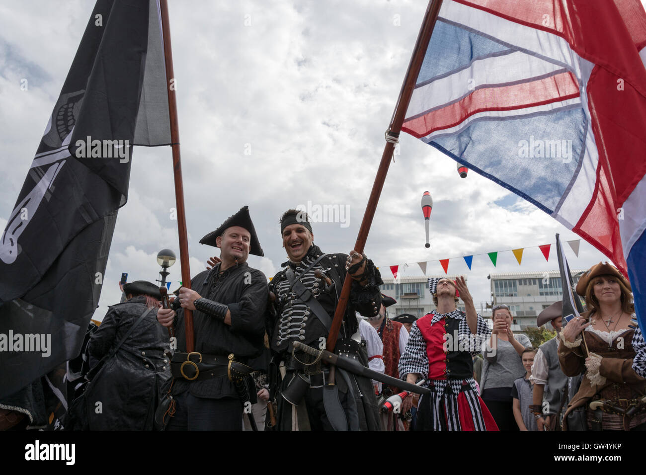 Jolly Roger flying over Liverpool Liverpool Pirate festival Stock Photo ...