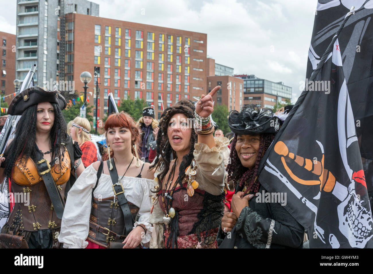 Jolly Roger flying over Liverpool Liverpool Pirate festival Stock Photo ...