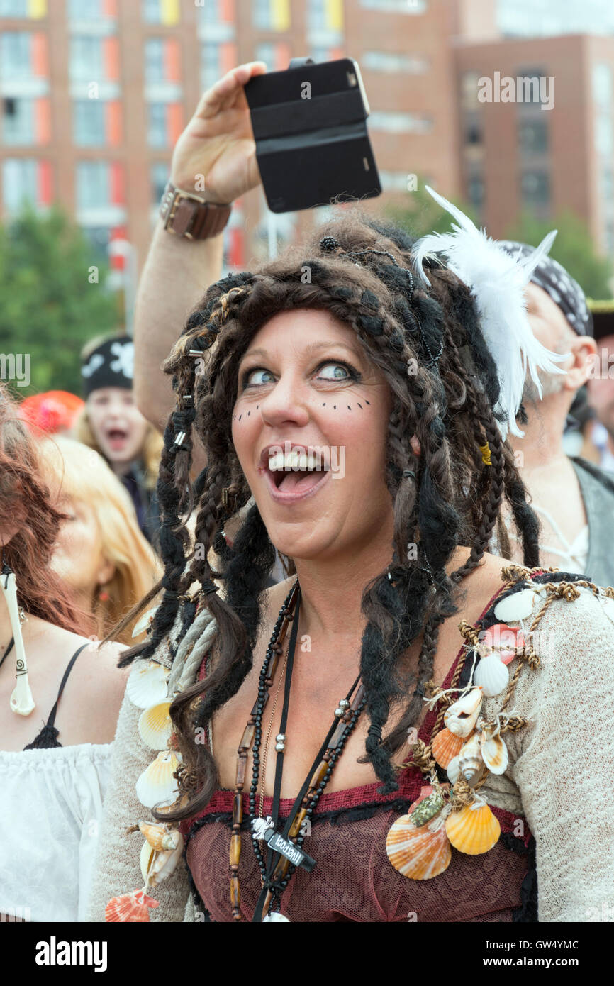 Jolly Roger flying over Liverpool Liverpool Pirate festival Stock Photo ...