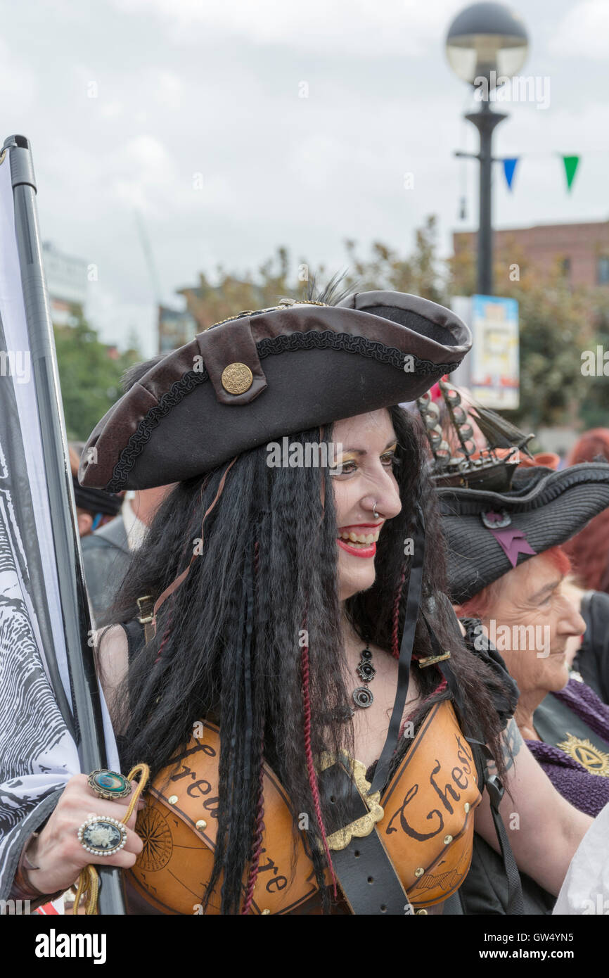 Jolly Roger flying over Liverpool Liverpool Pirate festival Stock Photo ...
