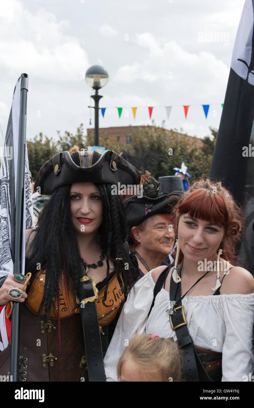 Jolly Roger flying over Liverpool Liverpool Pirate festival Stock Photo ...
