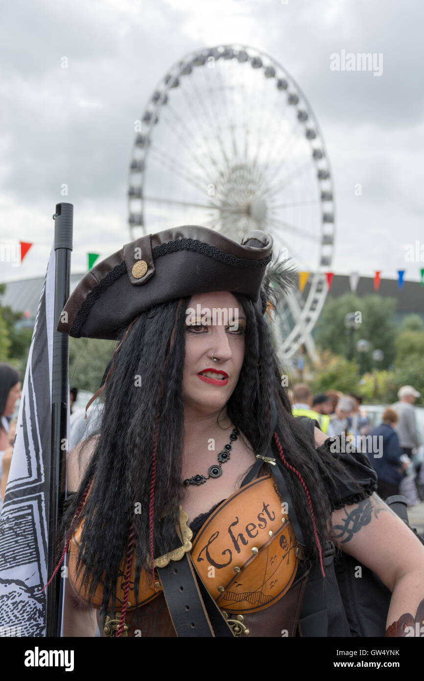 Jolly Roger flying over Liverpool Liverpool Pirate festival Stock Photo ...