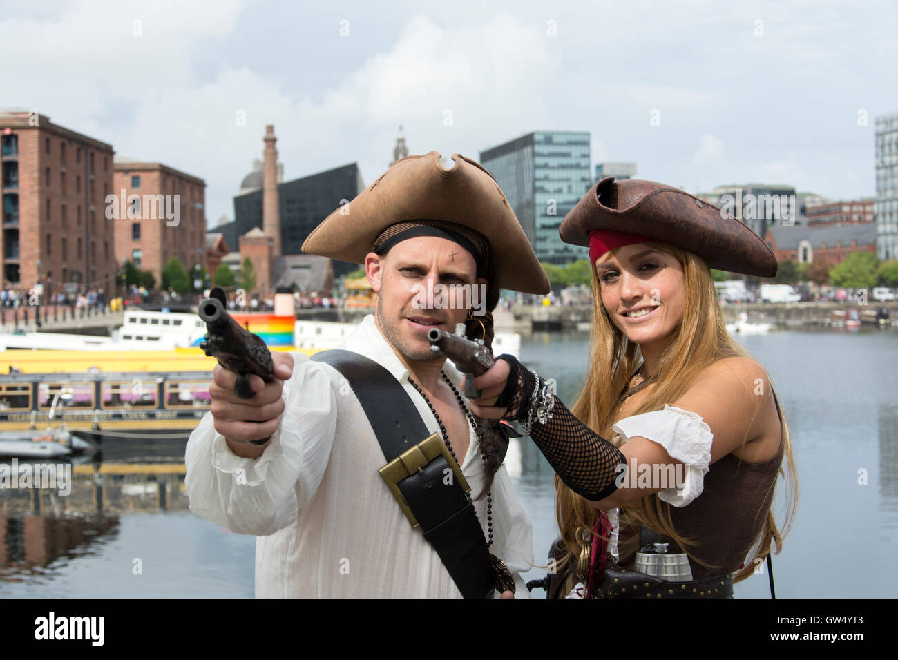 Jolly Roger flying over Liverpool Liverpool Pirate festival Stock Photo ...