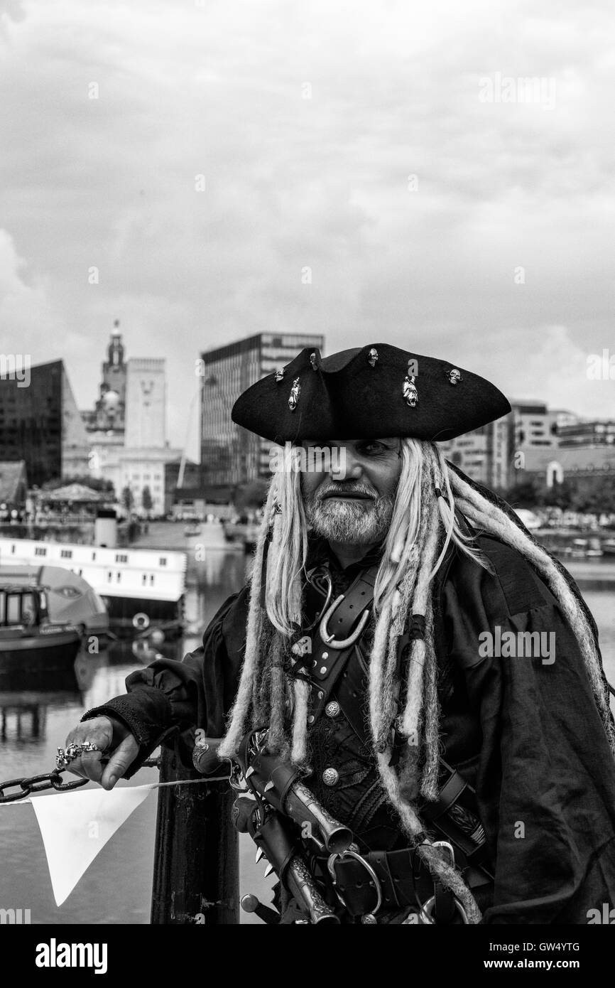 Jolly Roger flying over Liverpool Liverpool Pirate festival Stock Photo ...