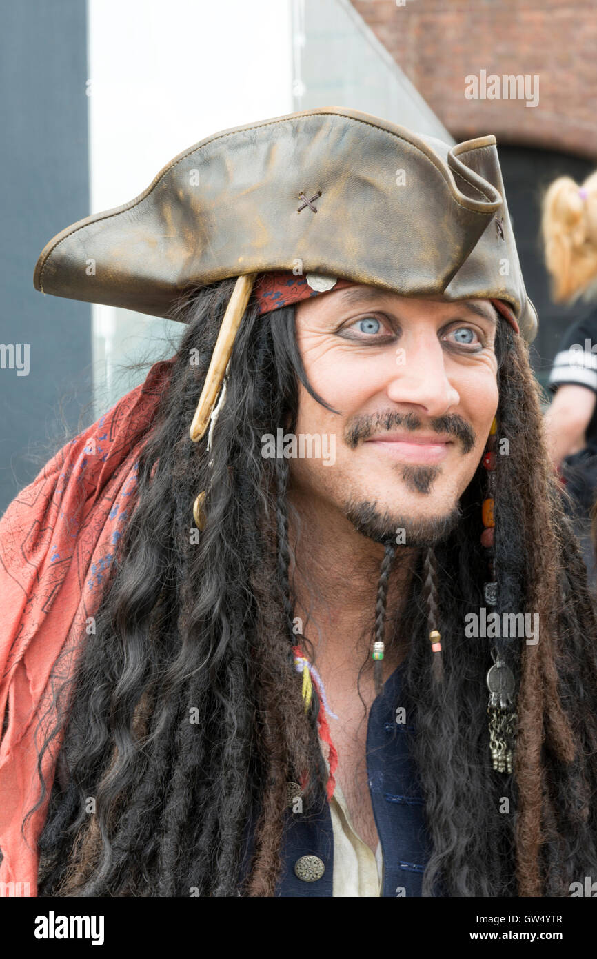 Jolly Roger flying over Liverpool Liverpool Pirate festival Stock Photo ...