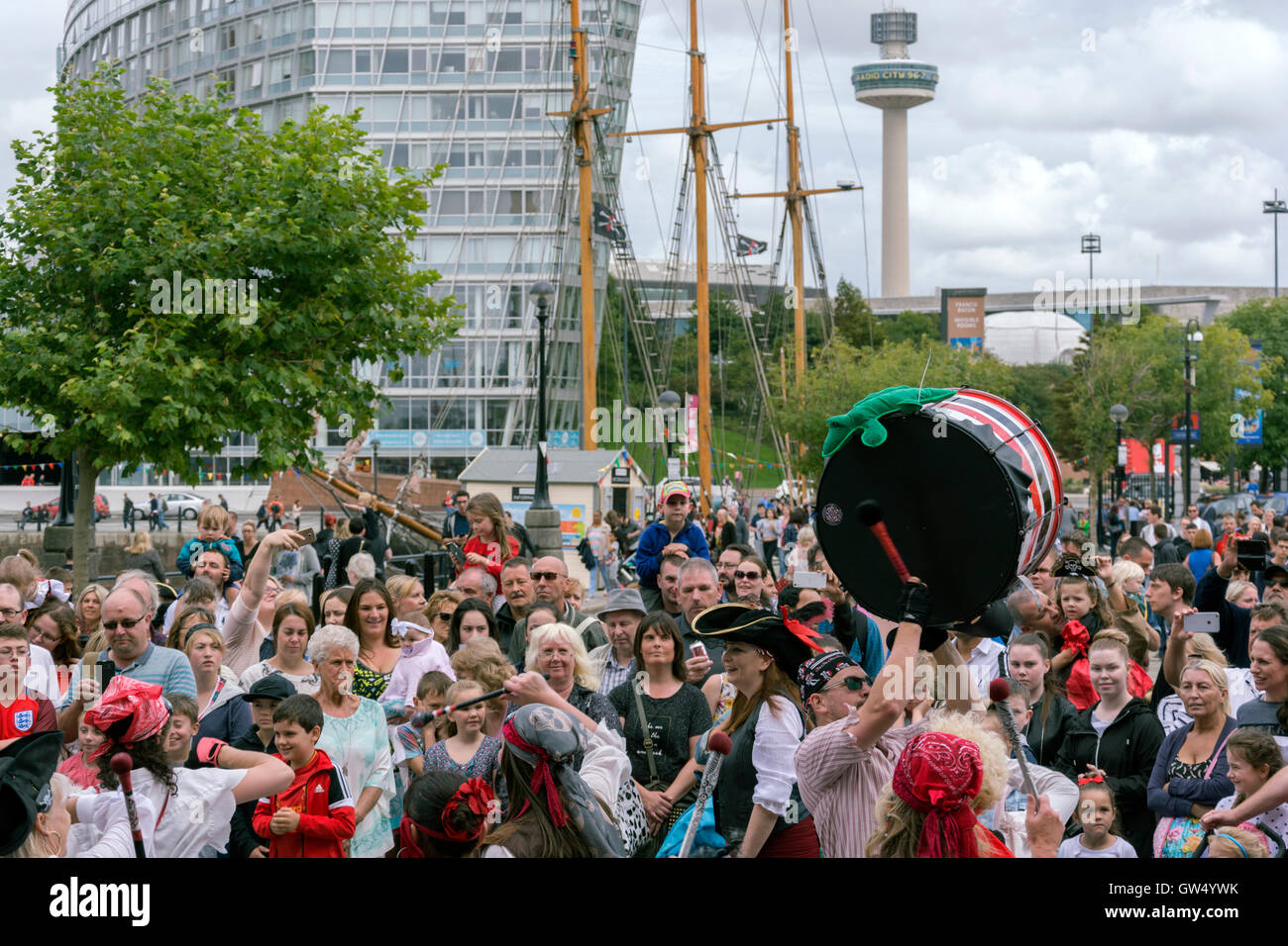 Jolly Roger flying over Liverpool Liverpool Pirate festival Stock Photo ...