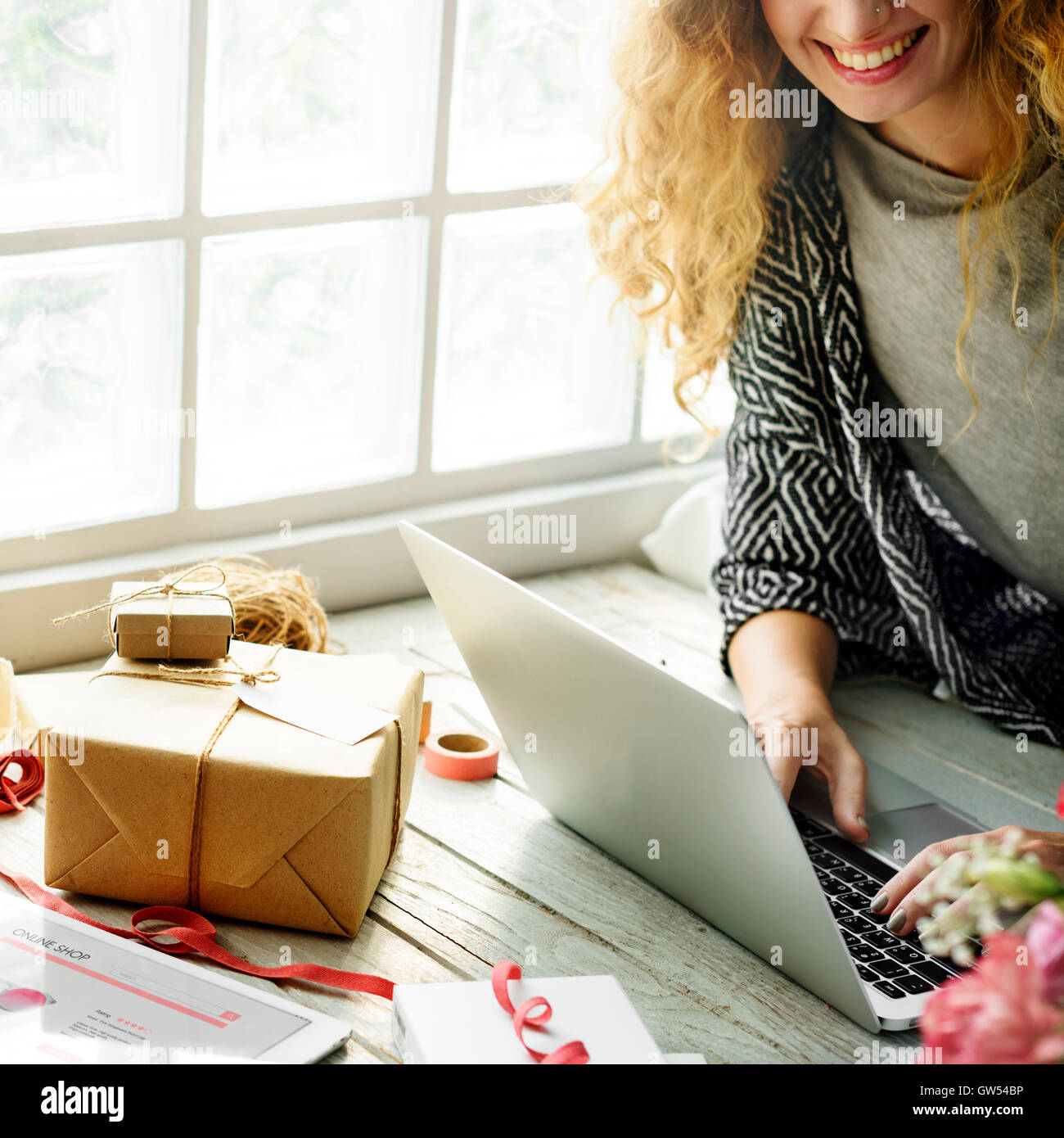 Woman Searching Internet Gift Concept Stock Photo - Alamy