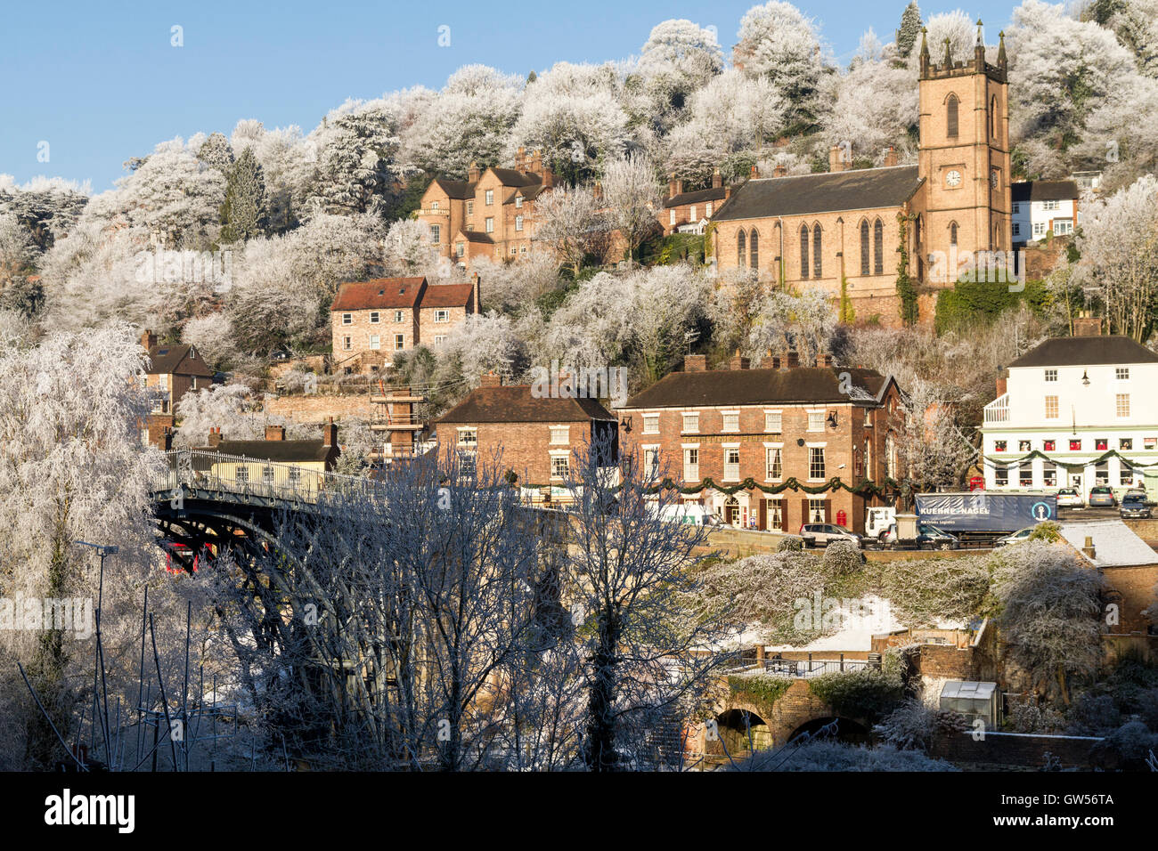 The town of Ironbridge Gorge near Telford UK in winter with lots of ...