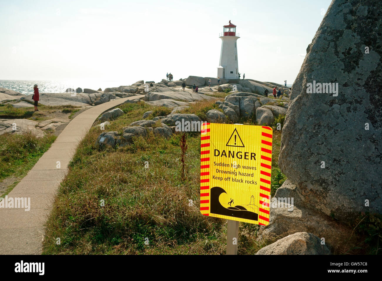 A sign at the Peggy's Point Lighthouse warning people about the dangers ...