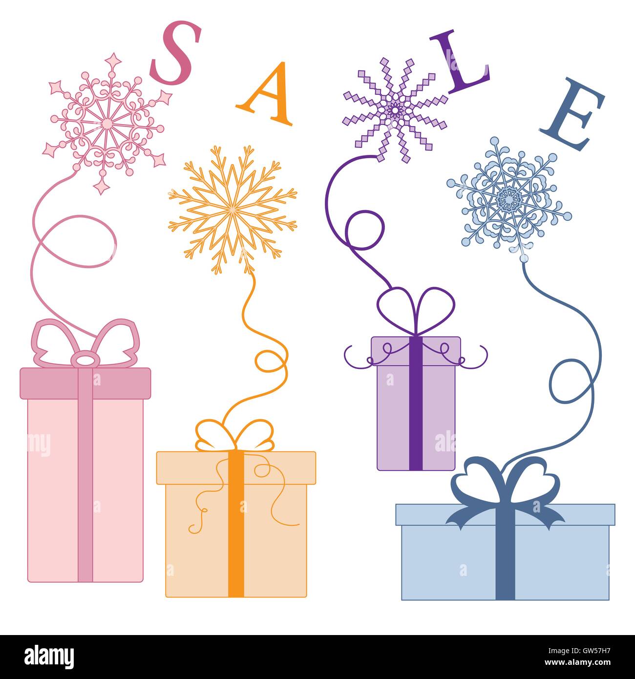 Cute picture with presents and gift boxes with snowflakes and text sale ...