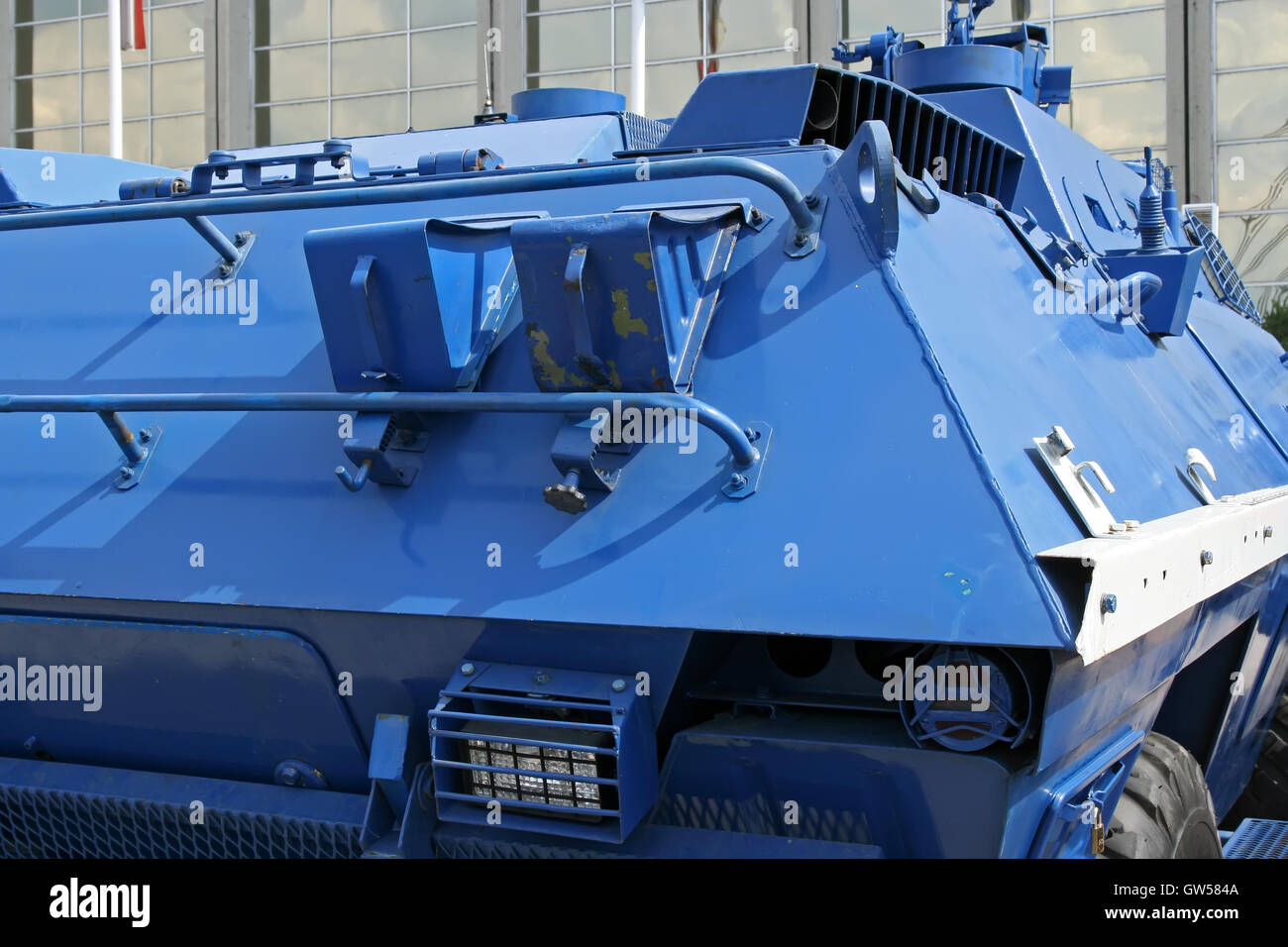 Blue police force vehicle. Blue police transporter Stock Photo - Alamy