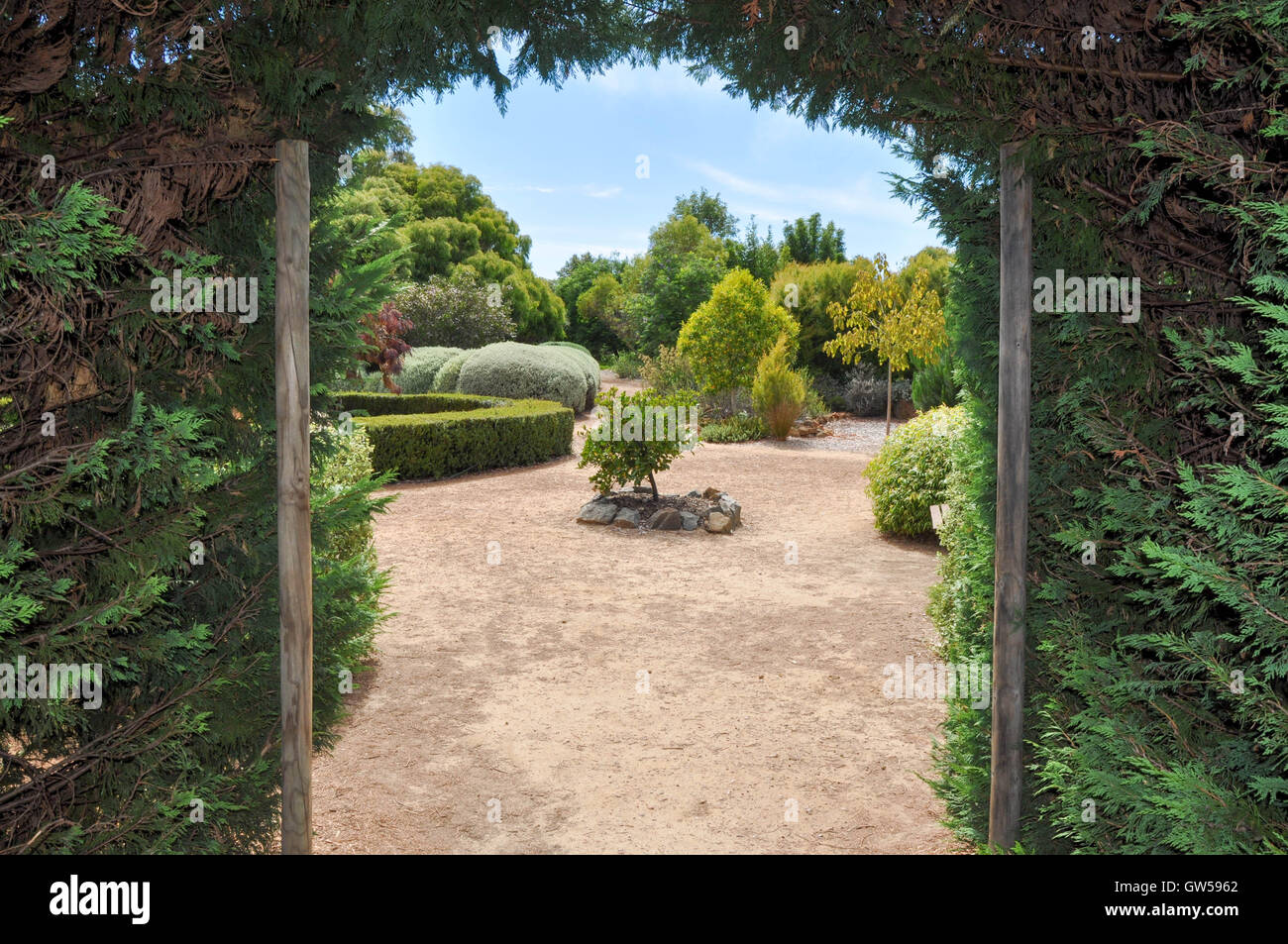 View through hedge maze exit towards the manicured botanic garden at ...