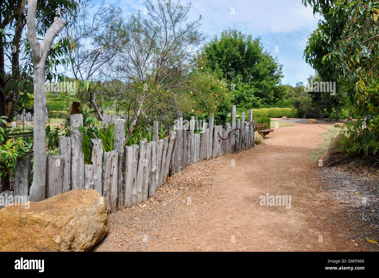 Footpath in diminishing perspective with rustic wooden fence and ...