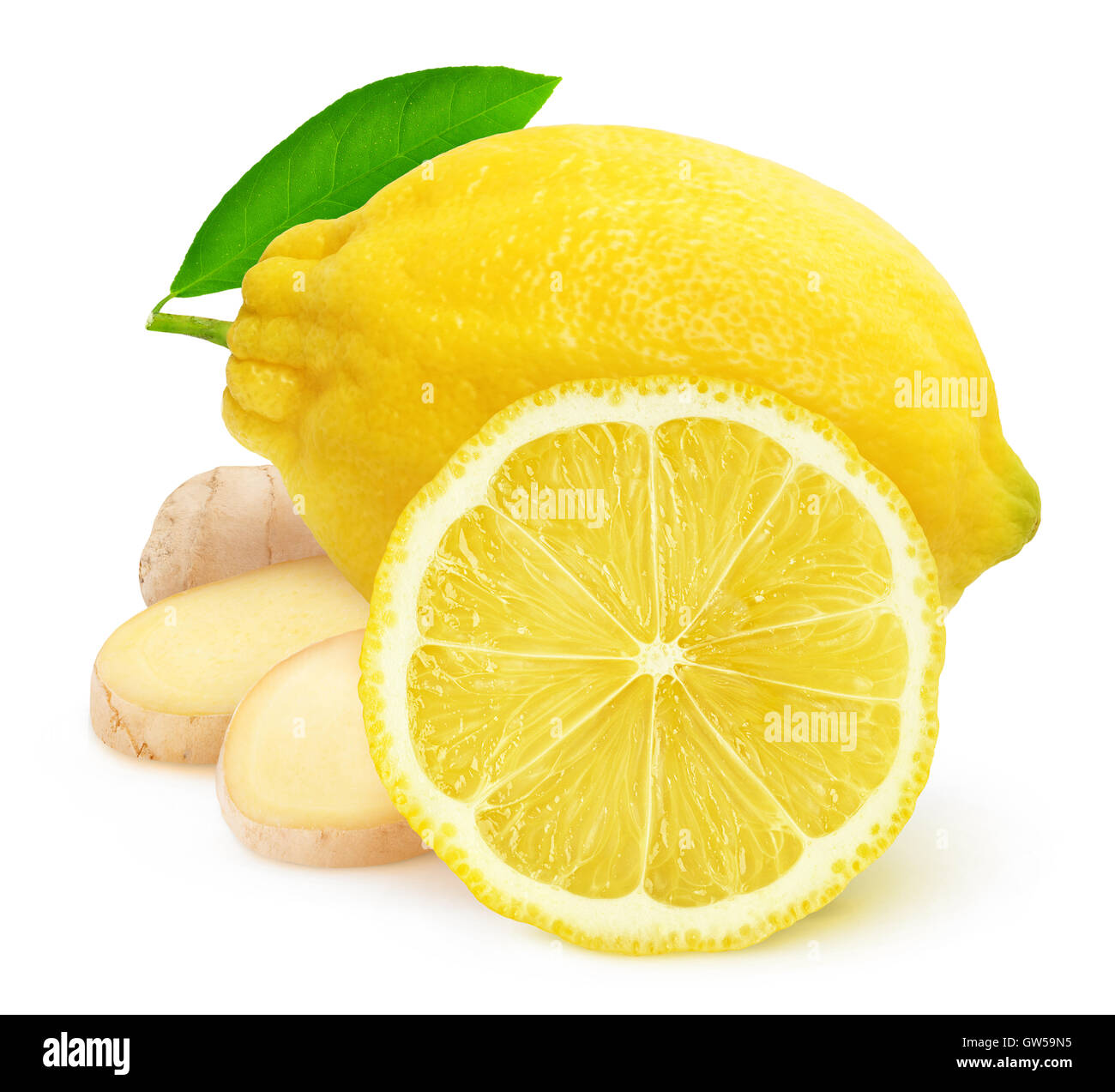 Cut lemon fruit and ginger isolated on white background with clipping ...