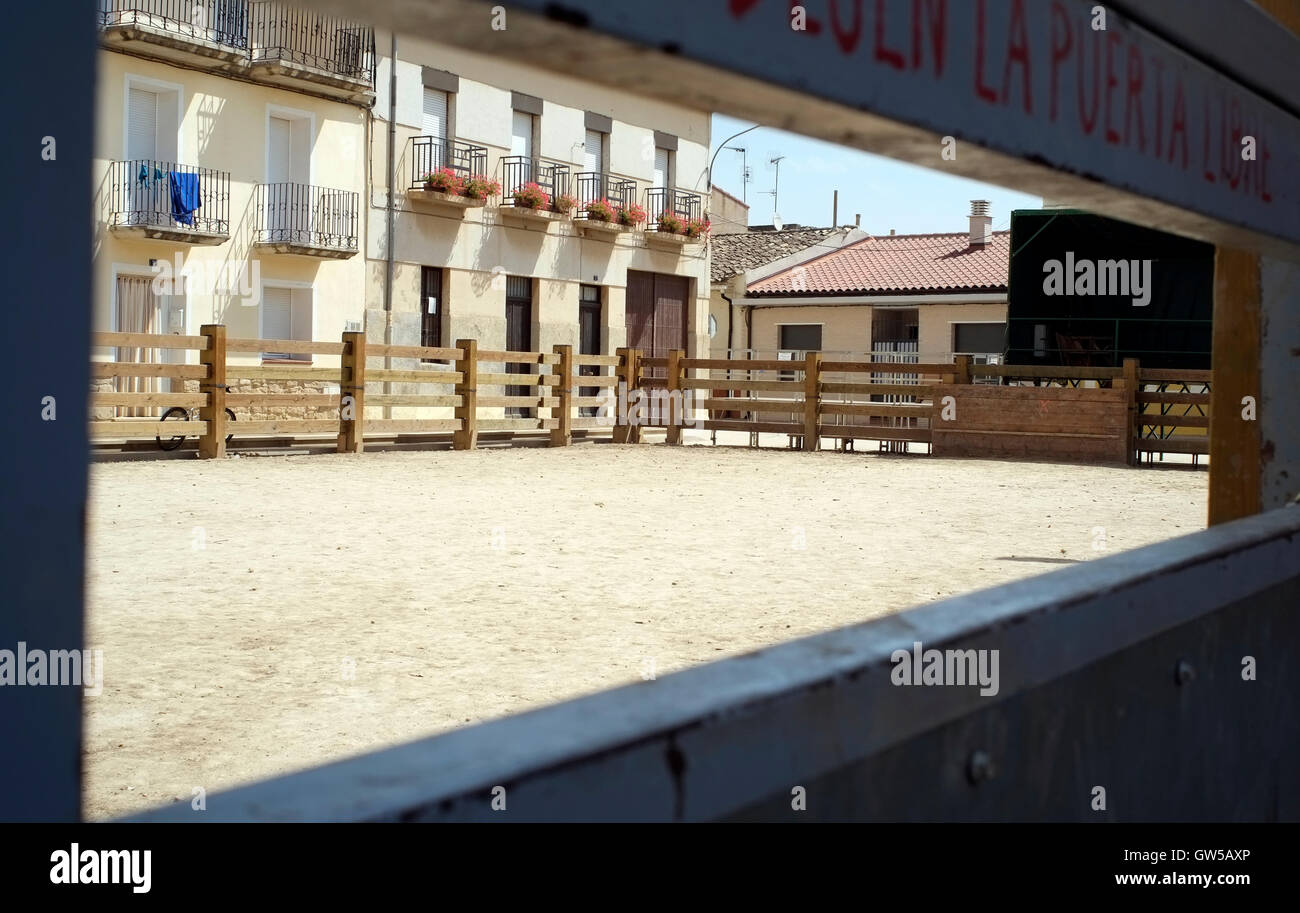 A temporary bullring is seen in the village of Melida, in Spain August ...